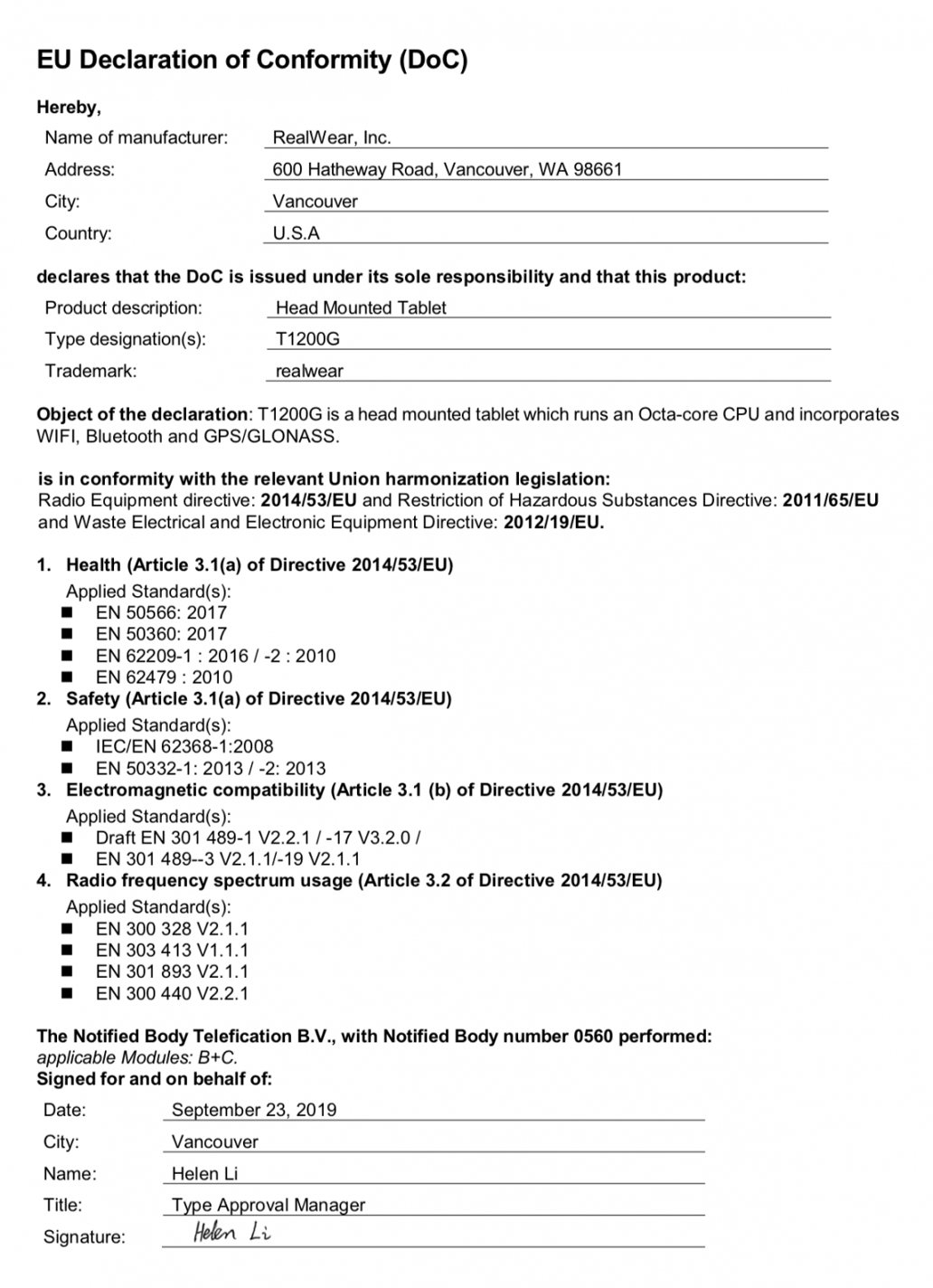HMT-1 Declaration of Conformity - Model T1200G
